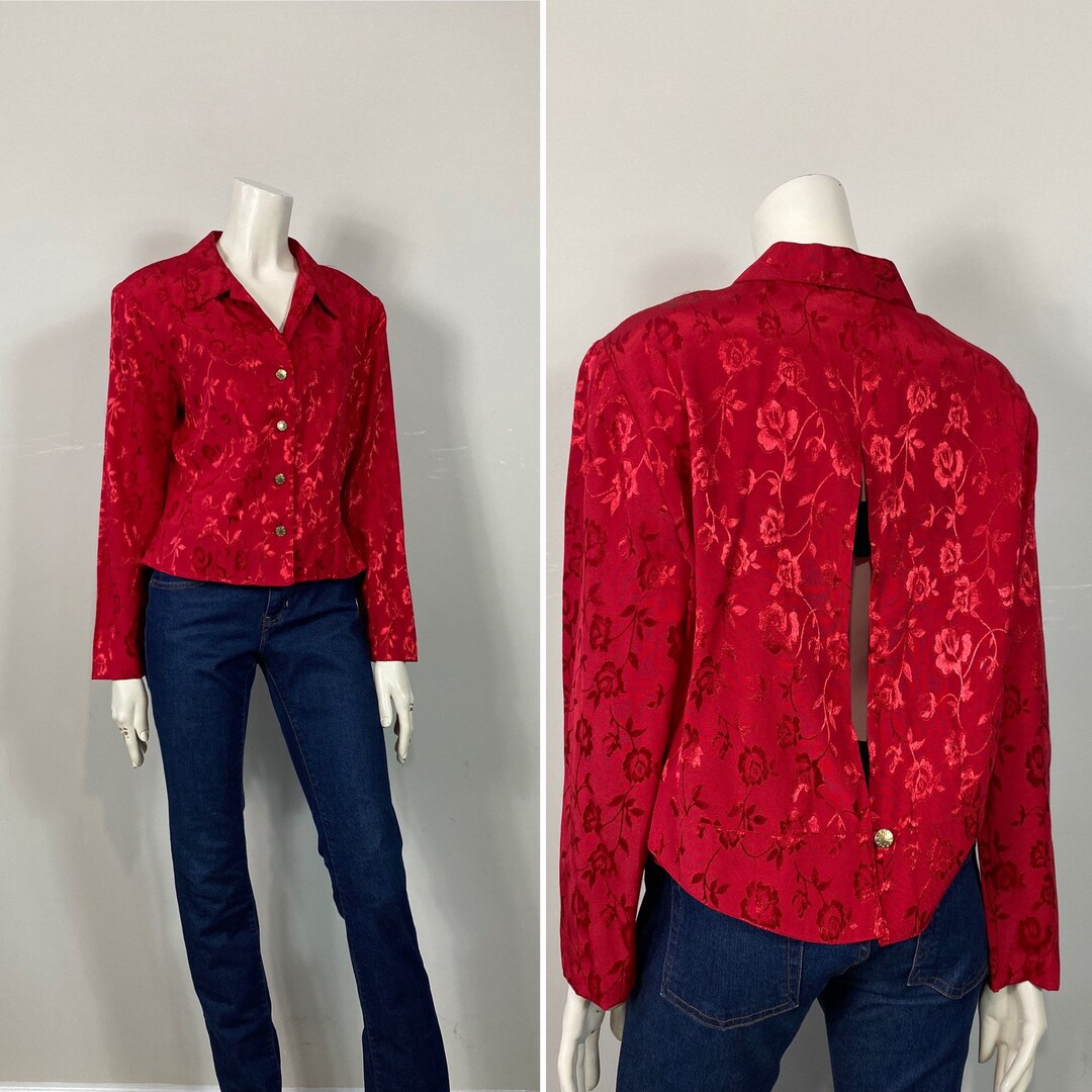 90s Cut Out Blouse Vintage 90s Back Red Jacquard Blouse Jacket Shari ...