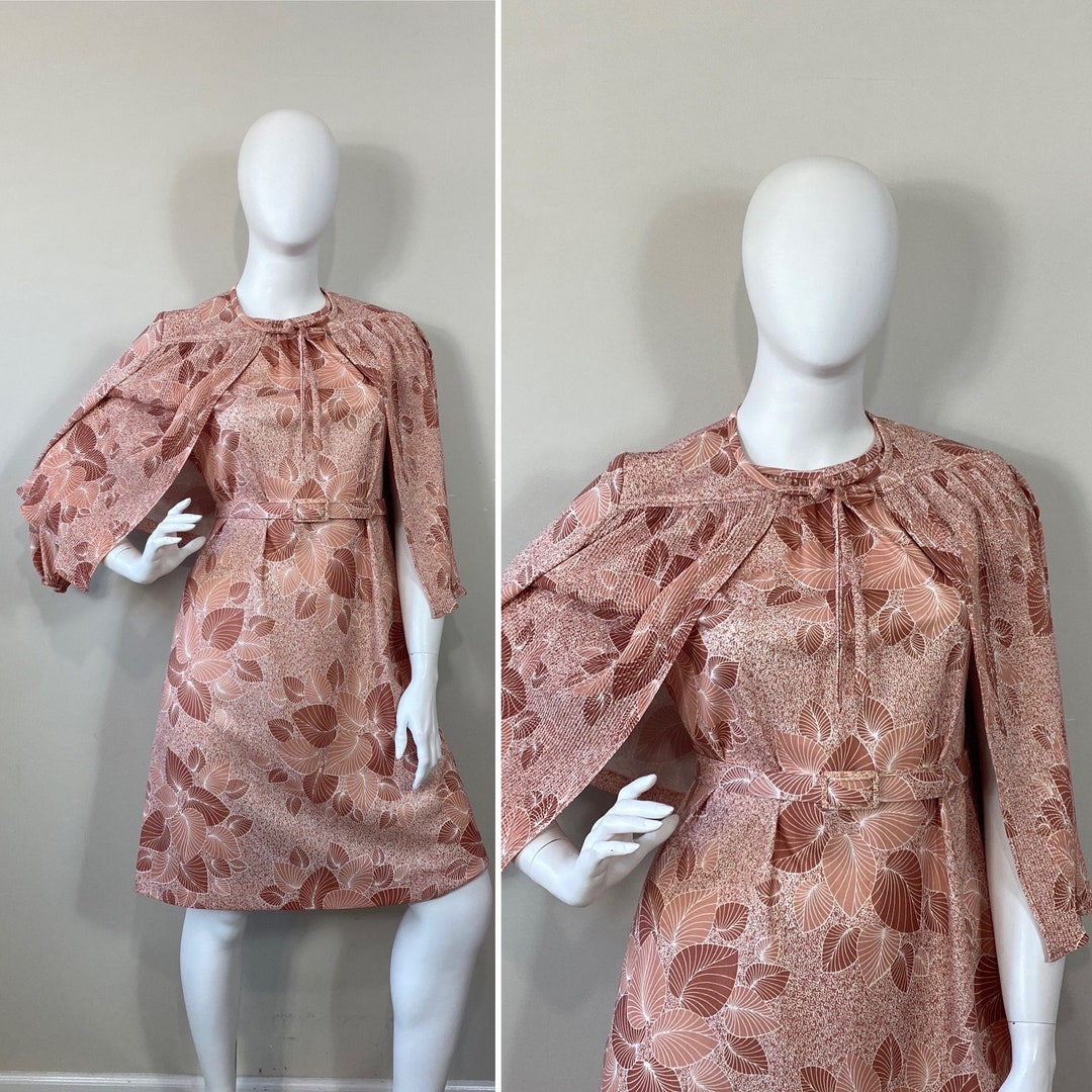 70s 80s Leaf Design 3 Piece Dress Set Vintage Belted Dress & Jacket L ...
