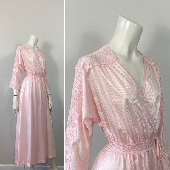 Romantic 70s 80s Pink Satin & Lace Dressing Gown Robe… - Gem