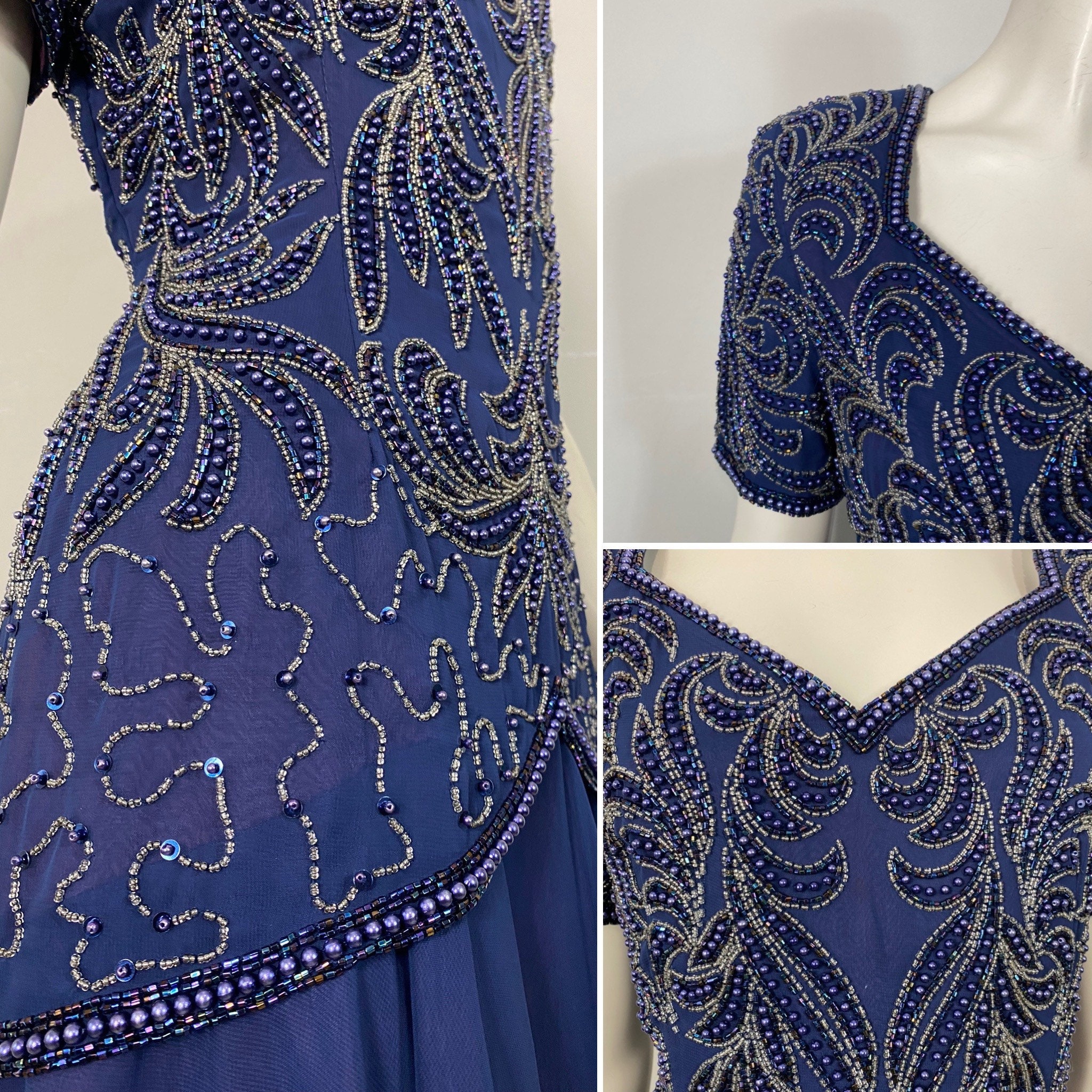 80s 90s Beaded Evening Gown 80s Golden Girls Evening Gown Navy Blue ...