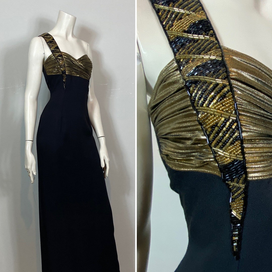 90s Prom Dress 90s Evening Gown 90s Ever Beauty Black Gold Beaded ...