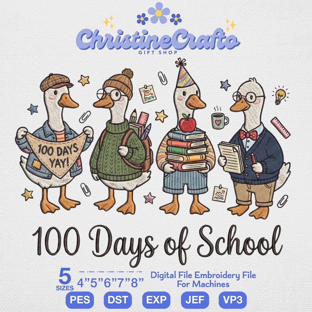 100 Days of School Embroidery Design, Whimsical Duck Teacher Machine ...