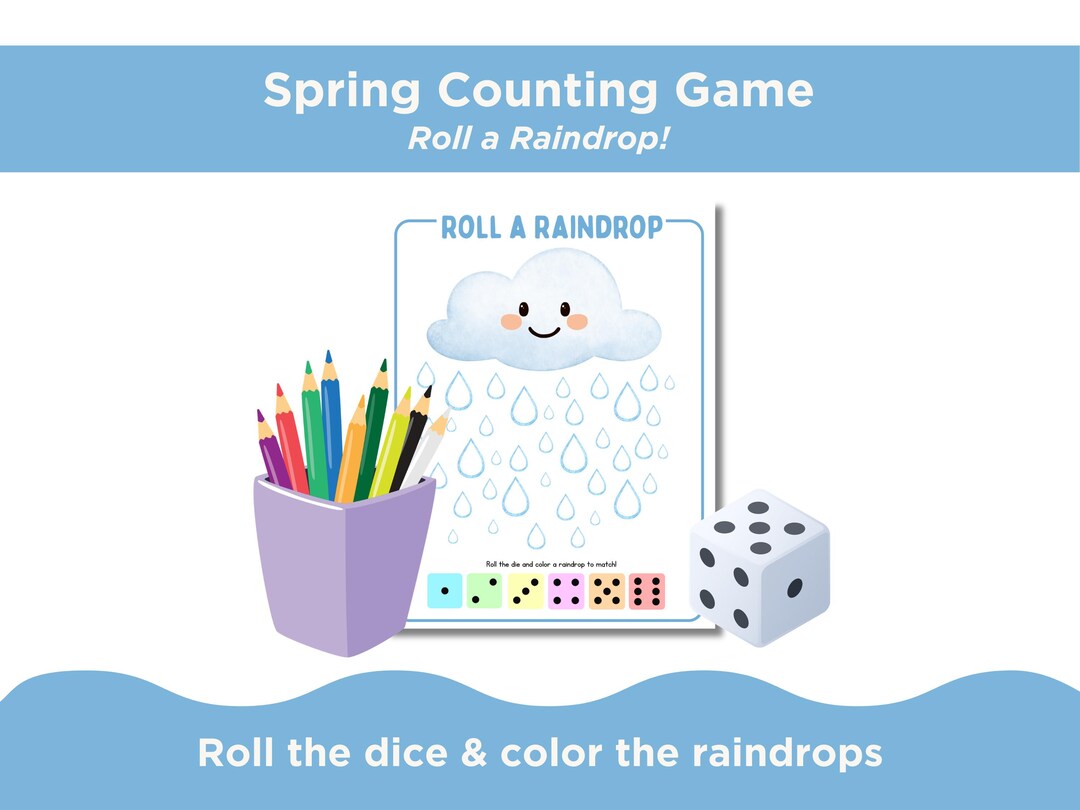 Spring Counting Game Printable for Toddlers | Roll a Raindrop Dice Game ...