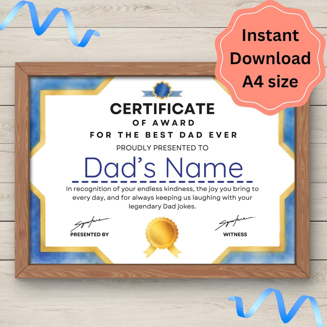 Printable & Editable Best Dad Award Certificate - Instant Download PDF ...