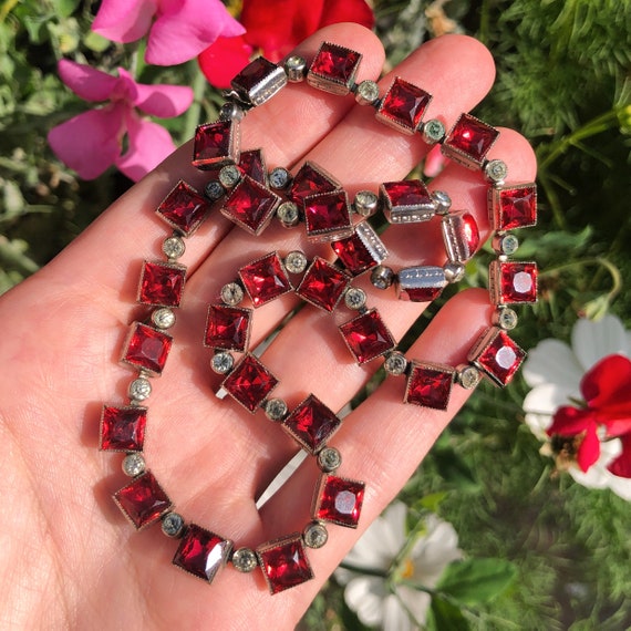 Antique Ruby Red Glass Bezel Set Paste Necklace - Gem