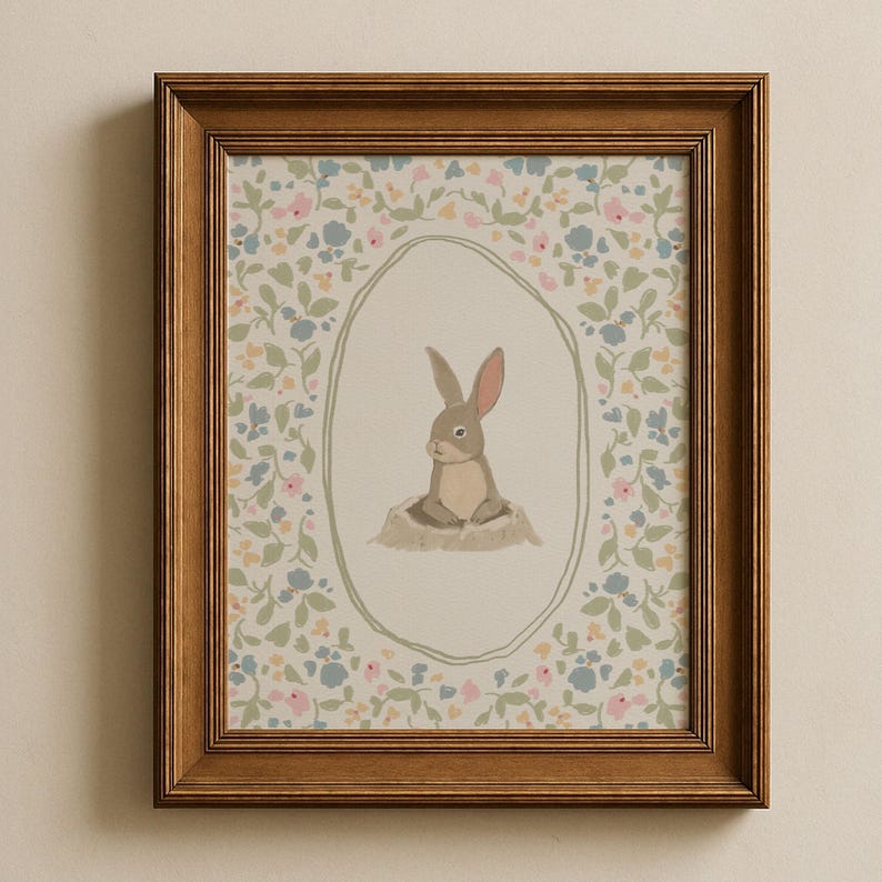 Vintage Bunny Watercolor Print, Floral Nursery Decor, Spring Meadow Art ...