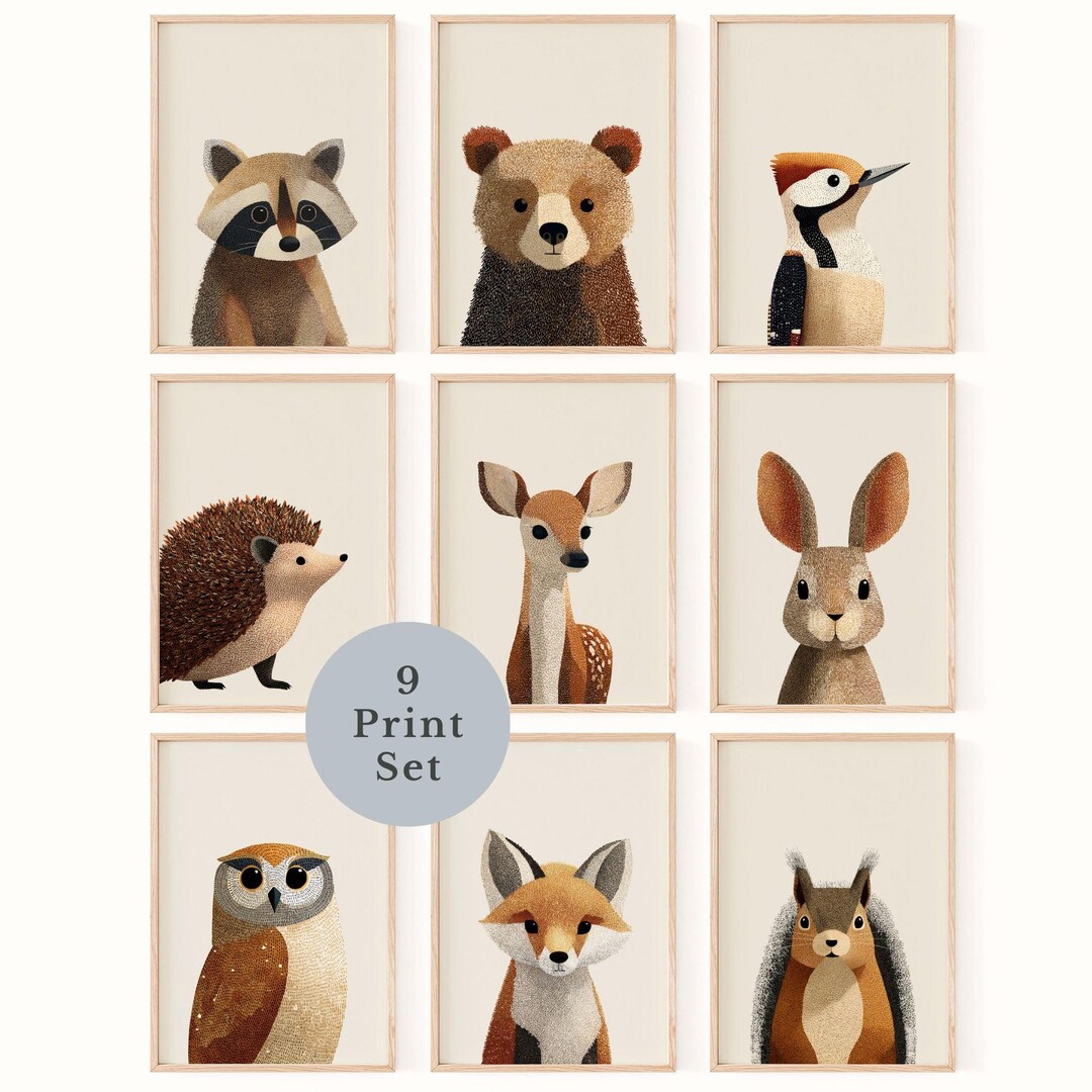 Woodland Animal Prints Set of 9, Muted Tones Forest Nursery Wall Art ...