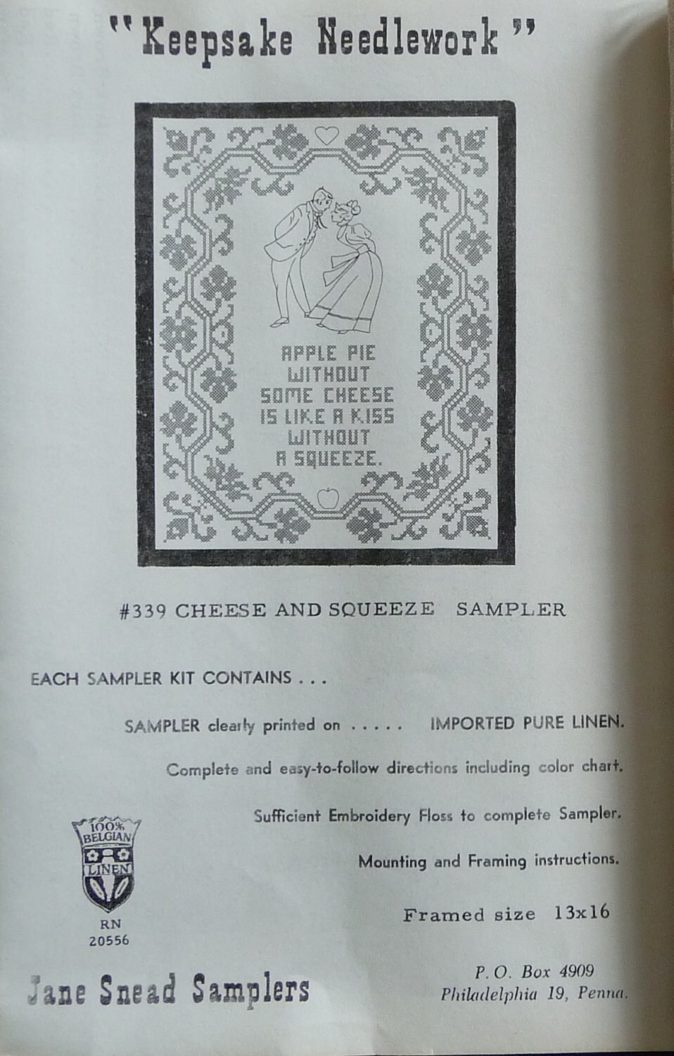 Jane Snead Samplers Vintage Embroidery Kit 339 Cheese and Squeeze ...