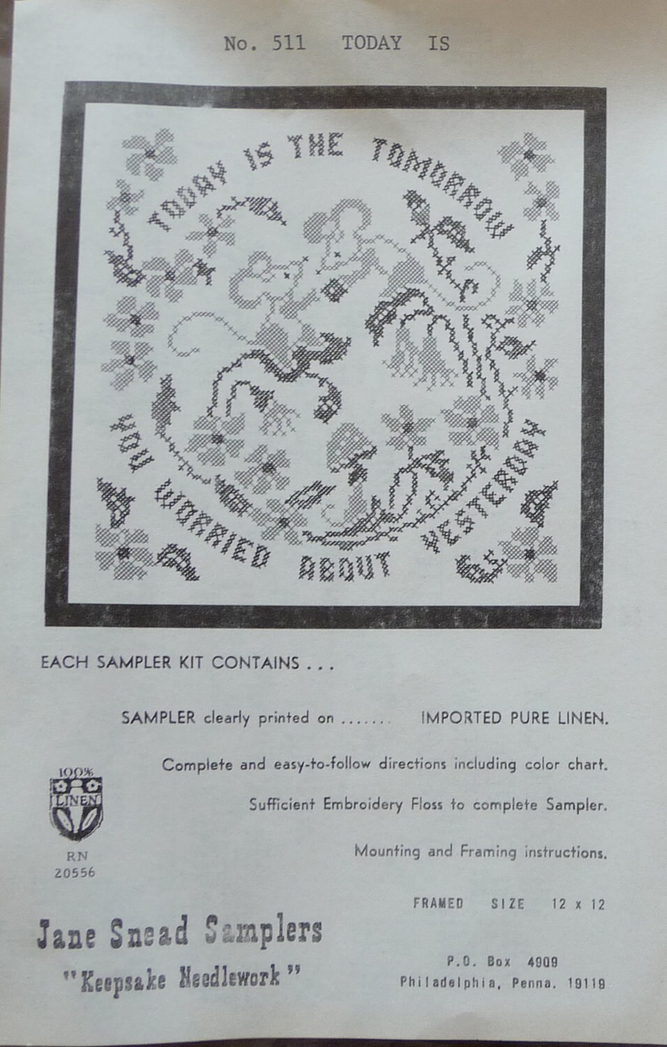 511 Today is Sampler Vintage Jane Snead Samplers Embroidery Kit - Etsy