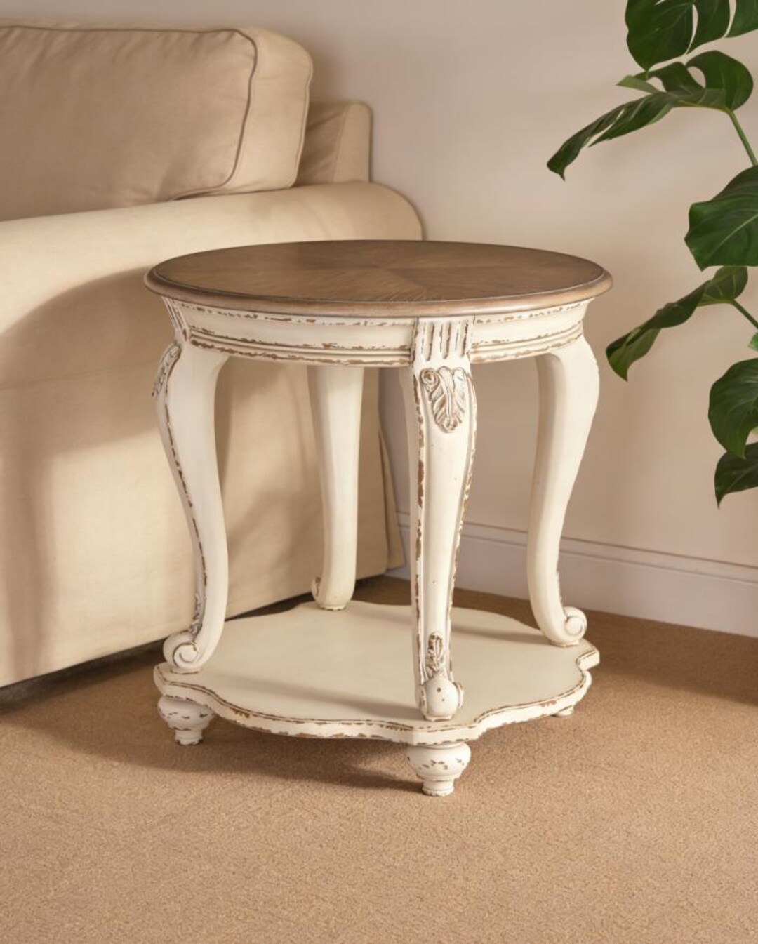 Cottage Style Round End Table – Antiqued 2-tone Wood Side Table With ...