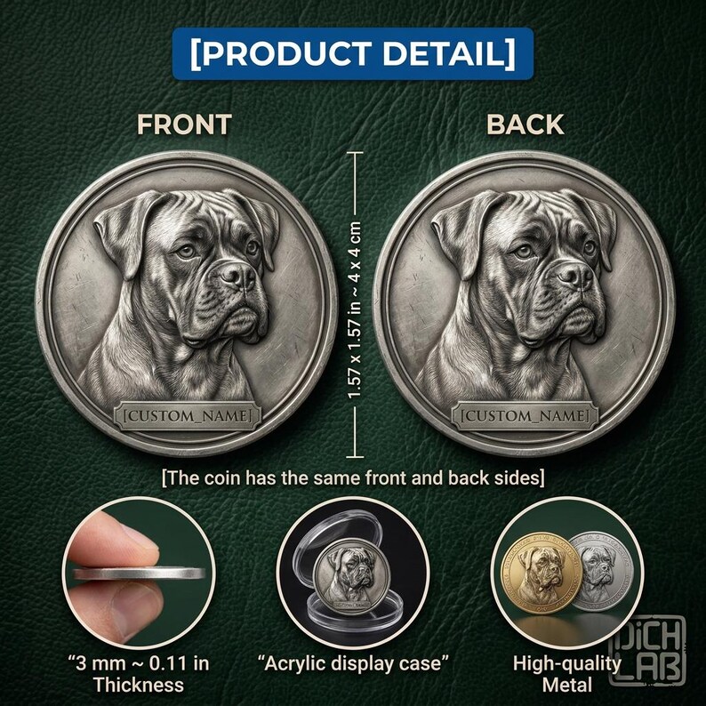 Custom Boxer Dog Metal Coin: Realistic Portrait Pet Keepsake (name ...