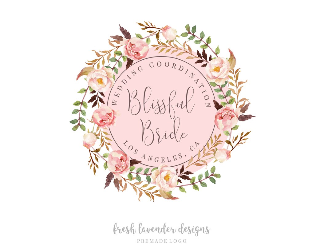 Premade Logo, Wreath Logo, Custom Logo, Floral Wreath, Watercolor Logo ...