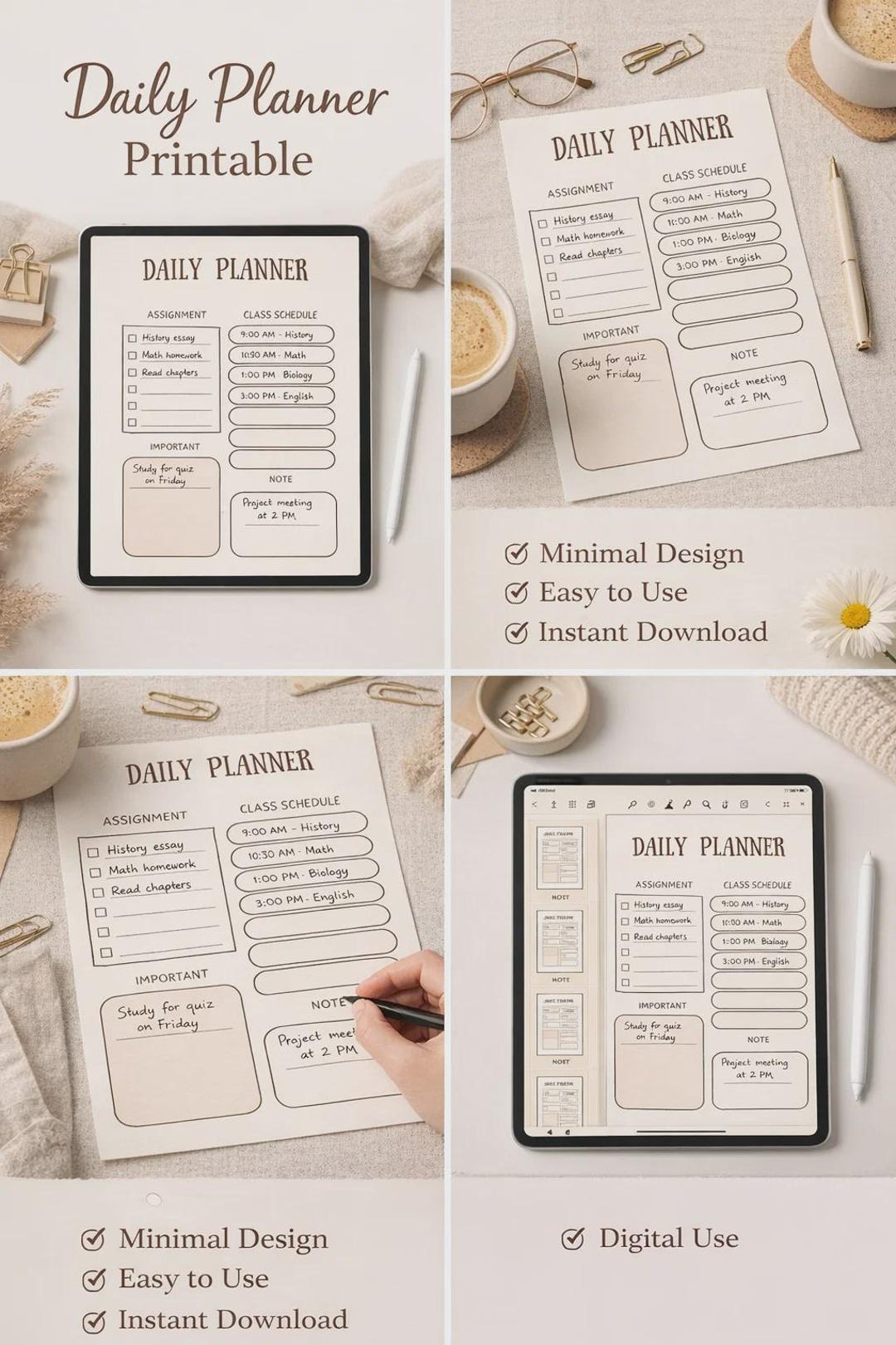 Minimalist Daily Planner Printable, Productivity PDF (digital Download ...