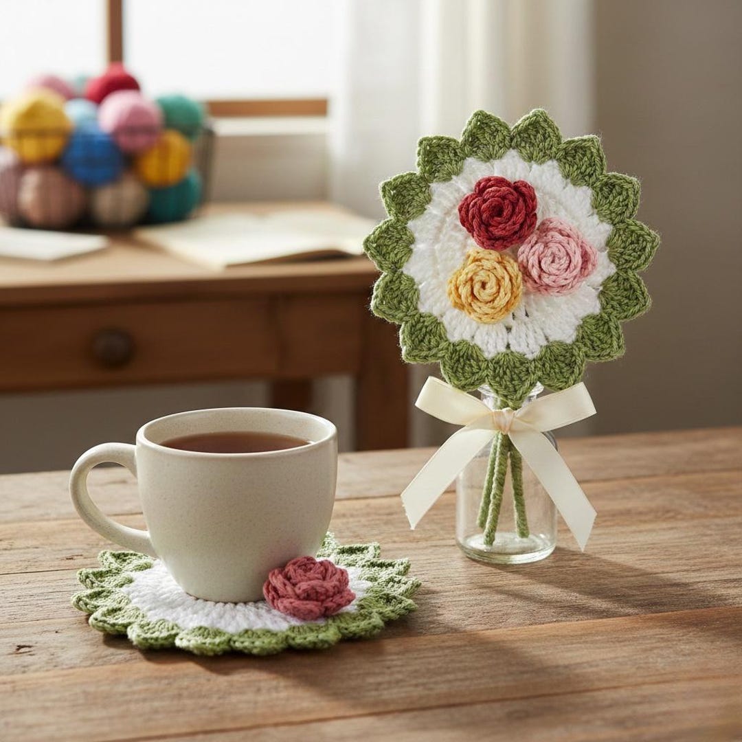 Beginner Floral Coaster Set Crochet, Crochet Rose Coaster and Bouquet ...