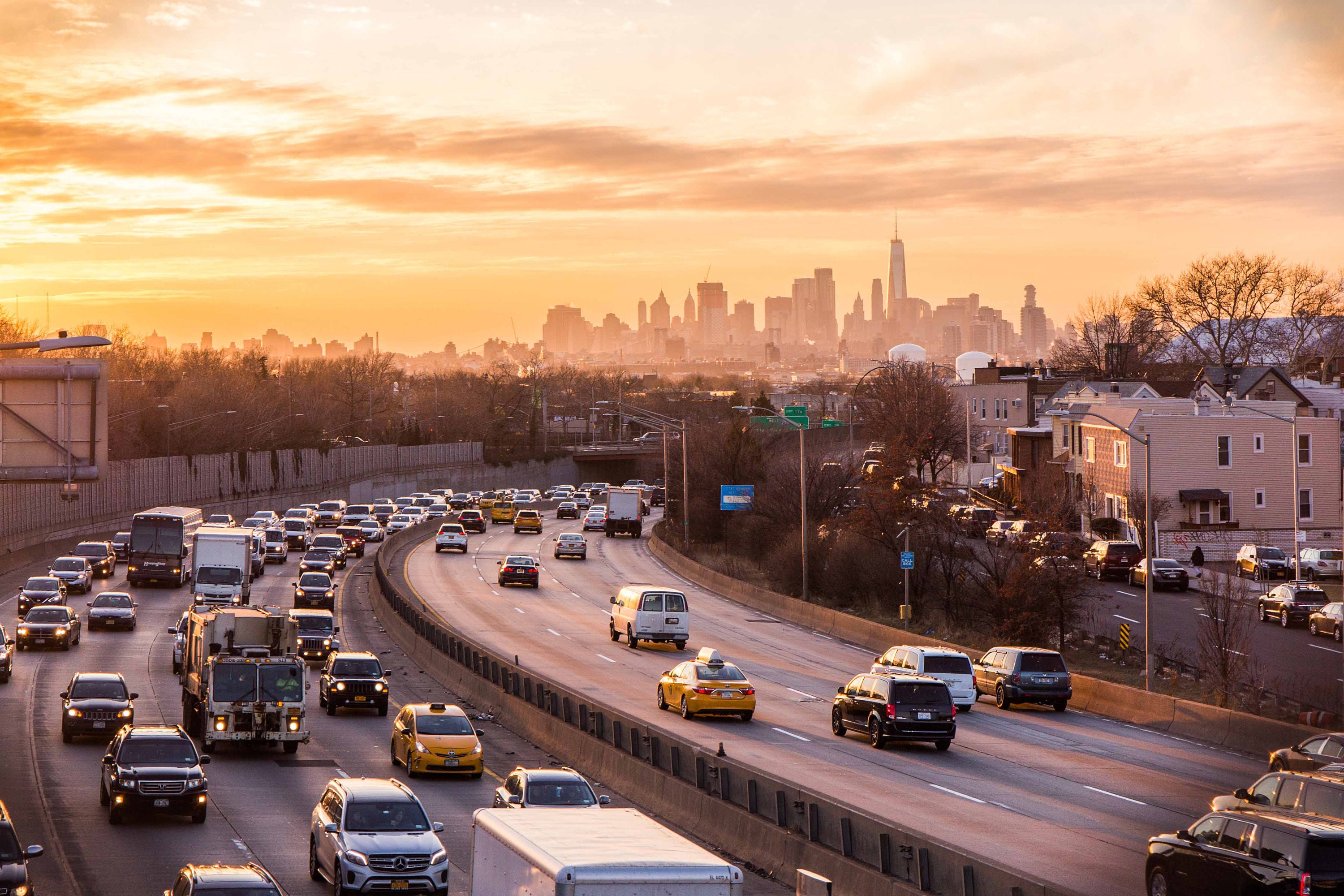 New York City Skyline From Queens - Long Island Expressway at Sunset ...