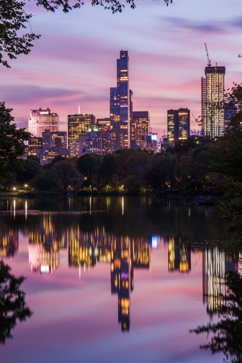 Central Park Skyline - Sunset Over the Central Park Lake - Pink ...