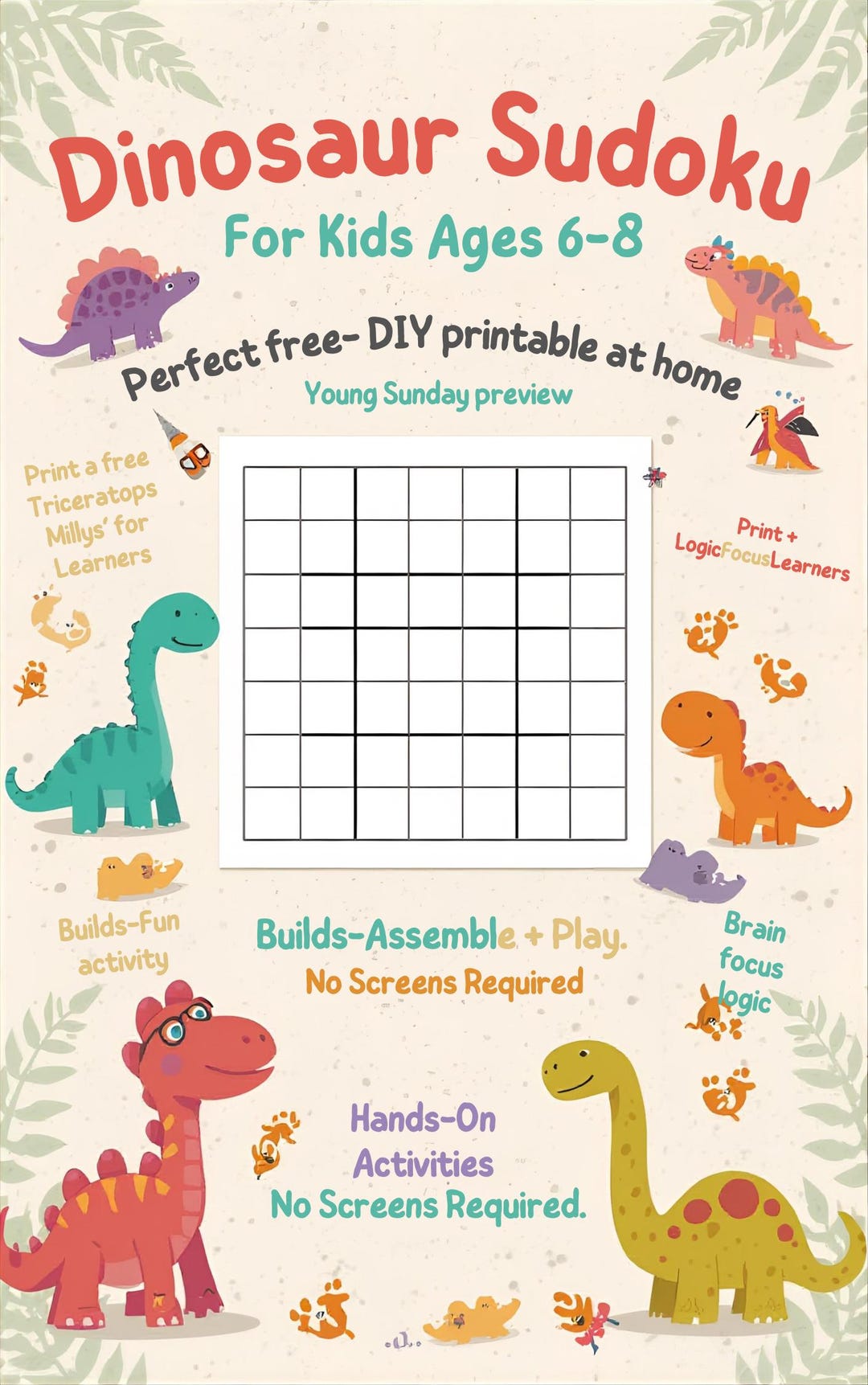 Dinosaur Sudoku Puzzle Book – DIY Printable Logic Games for Kids Ages 6 ...