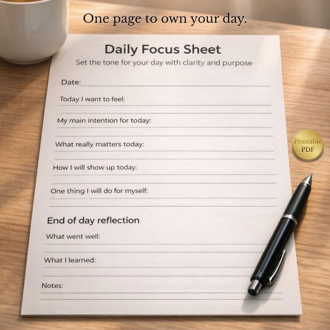 Daily Focus Sheet Printable – One Page Daily Planner PDF, Morning ...