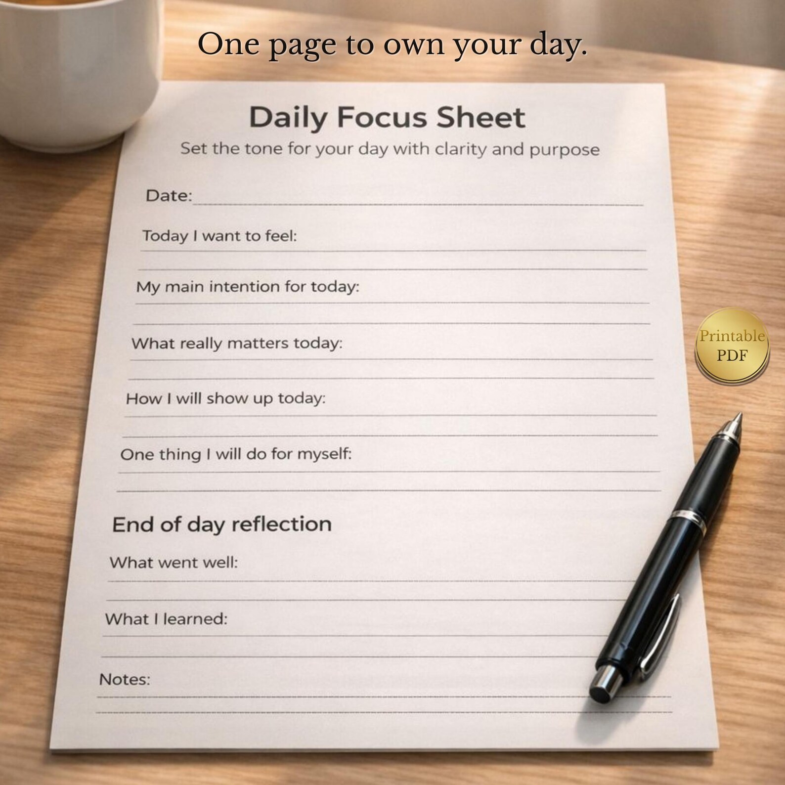 Daily Focus Sheet Printable – One Page Daily Planner PDF, Morning ...