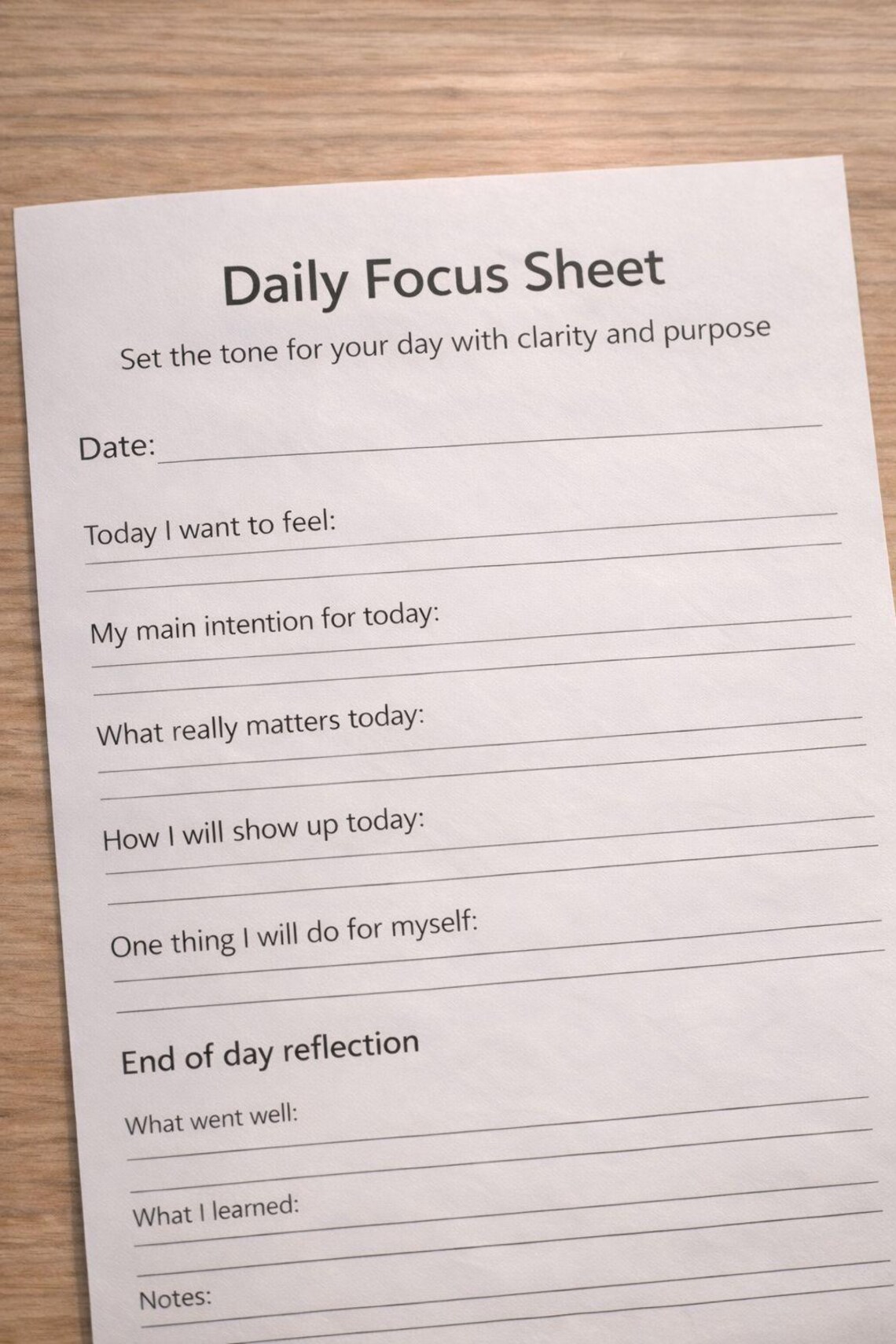 Daily Focus Sheet Printable – One Page Daily Planner PDF, Morning ...