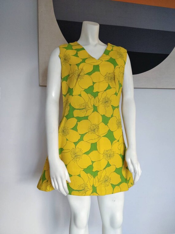 70s Mod Dress Yellow Midi Dress Geometric Checkered R… - Gem