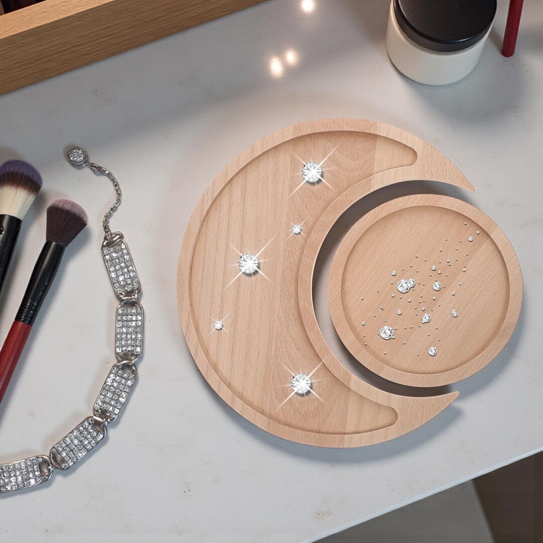 Wood Jewelry Trays Set, Minimal Wooden Catchall Tray, Moon & Round ...