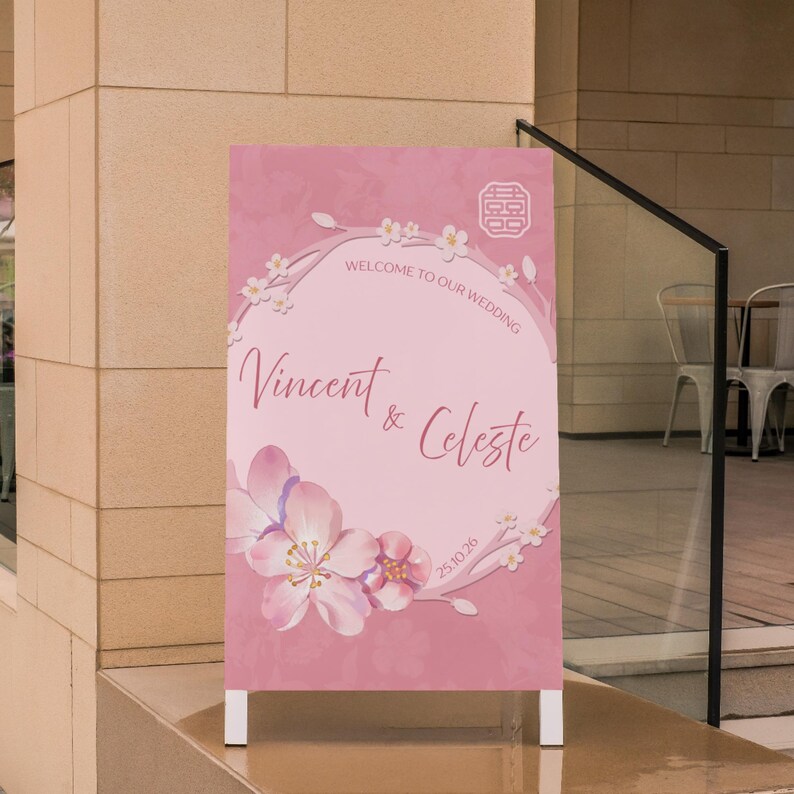 Welcome Sign Chinese Wedding – Pink Cherry Blossom - Double Happiness ...