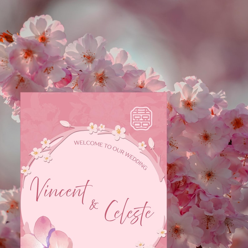 Welcome Sign Chinese Wedding – Pink Cherry Blossom - Double Happiness ...