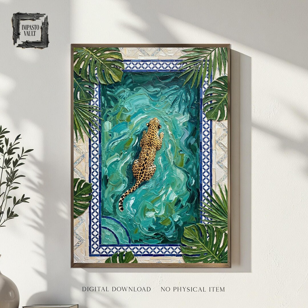 Swimming Leopard Print, Eclectic Jungle Wall Art, Textured Impasto Oil ...