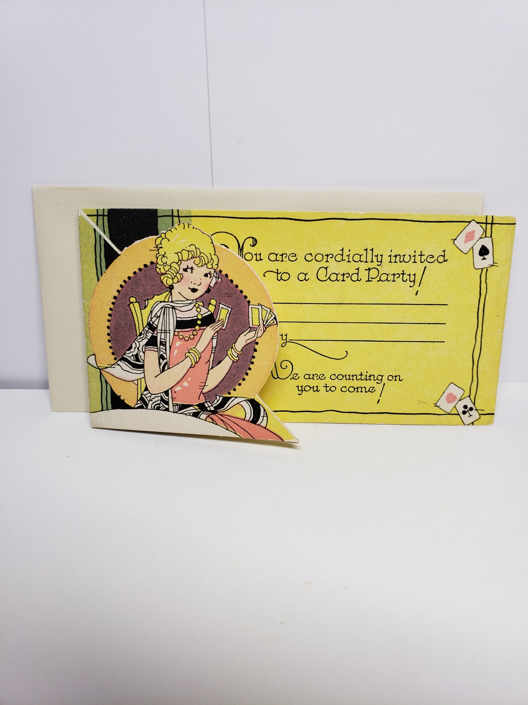 Gorgeous Bright Yellow Unused 1920's-30's Die Cut Card Party Invitation ...
