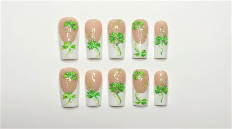 Four Leaf Clover Press on Nails, Lucky Shamrock Nail Art, Handmade ...