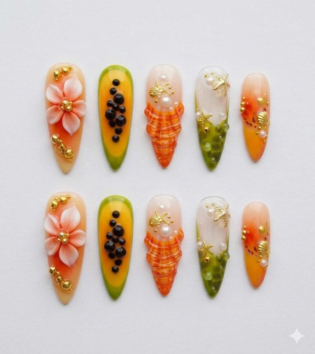 Tropical Papaya Press on Nails, 3D Flower & Mermaid Shell Fake Nails ...