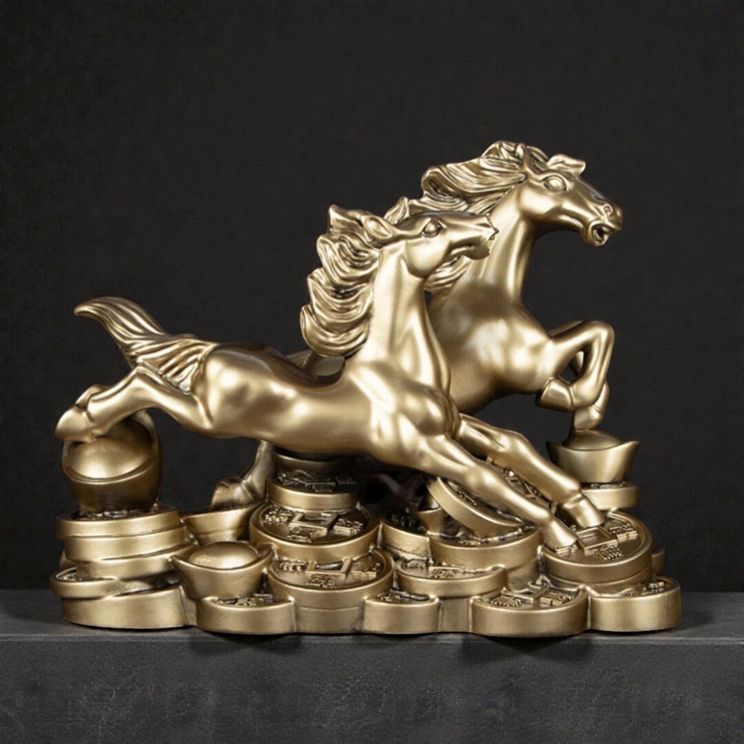 Feng Shui Running Horses Statue, Resin Two Galloping Horses Home Table ...