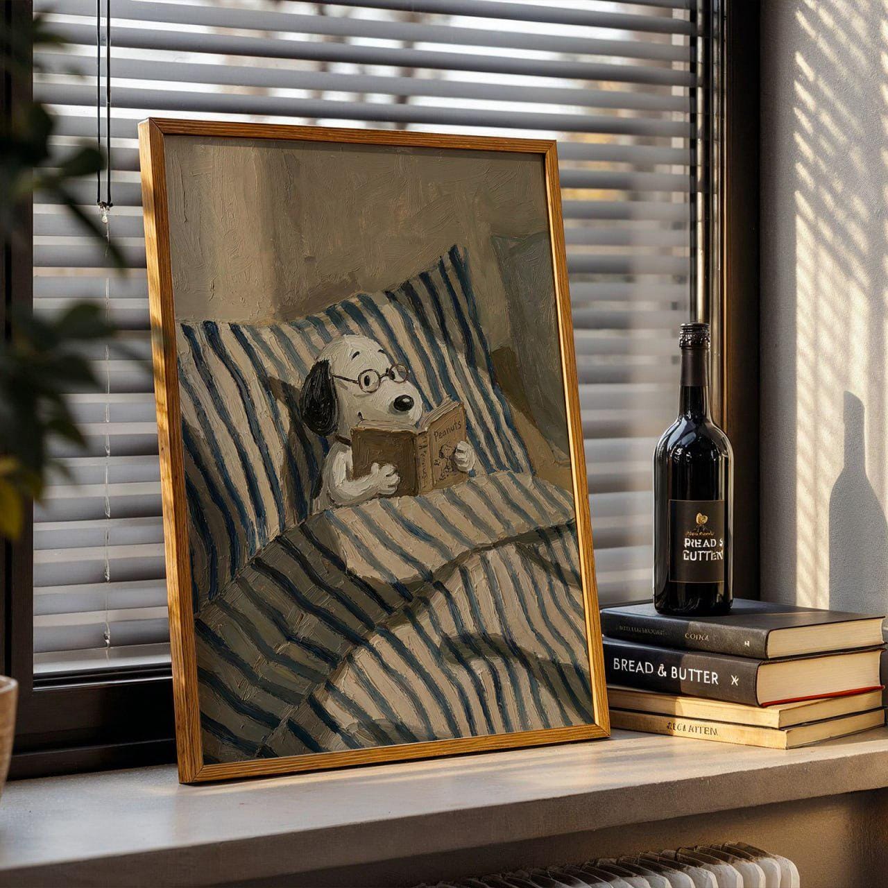 Snoopy Reading in Bed Poster, Cozy Bedroom Wall Art, Reading Nook Decor ...