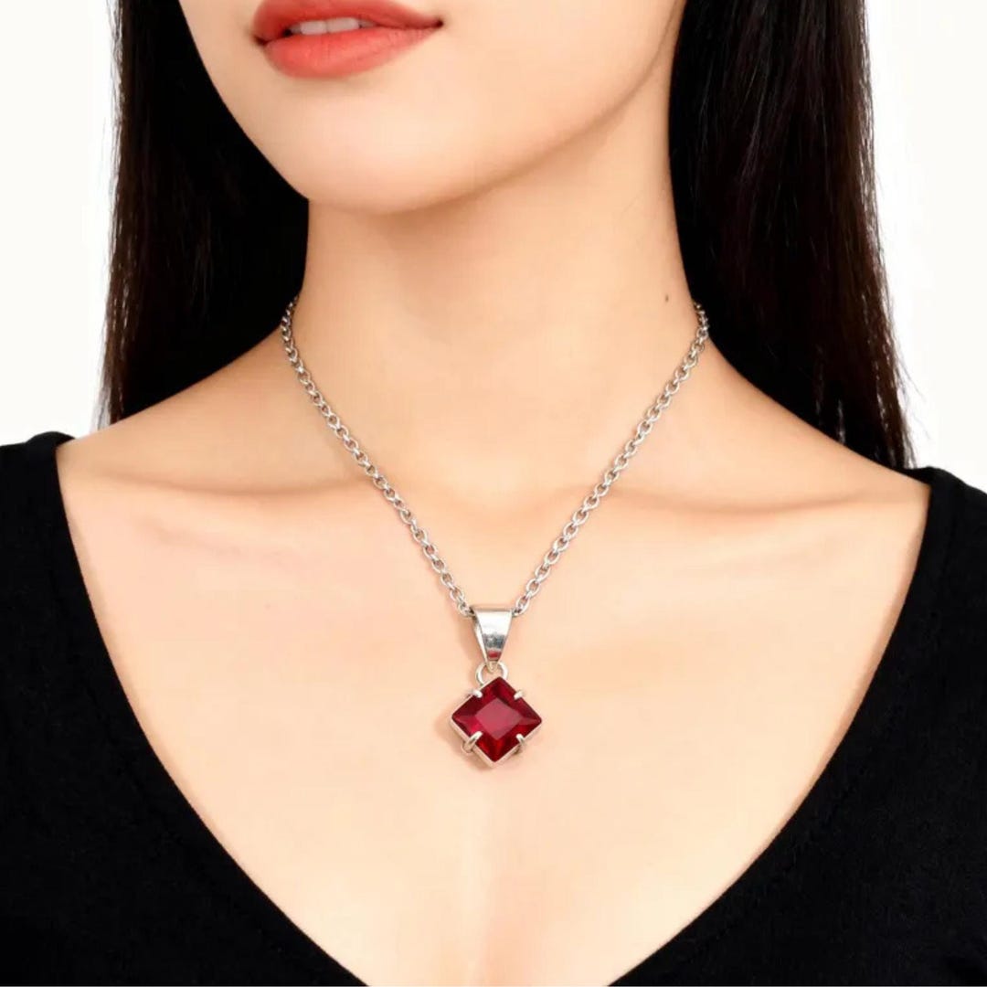 Handmade Red Ruby Square Pendant Necklace With Free Chain, Natural Look ...