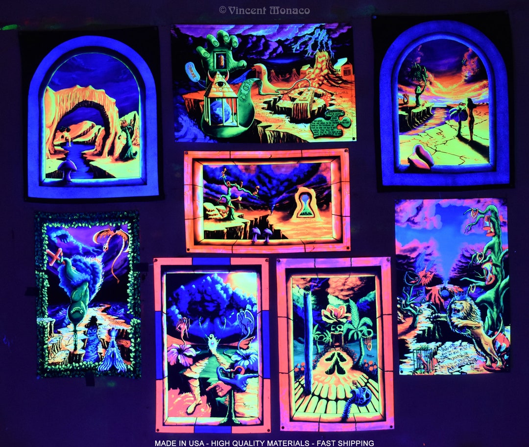 Cool Glow Vintage Blacklight TAPESTRY SET 8 for Hippie Room Wall ...