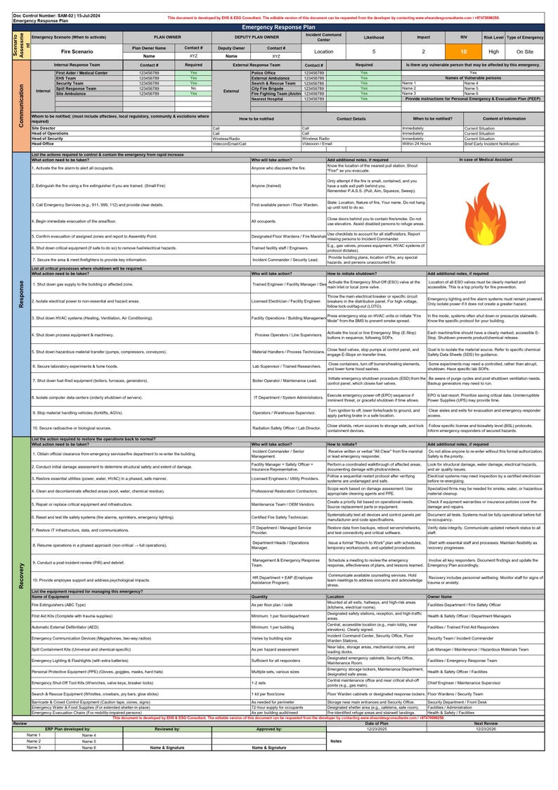 Emergency Response Plan - Excel Template - Etsy