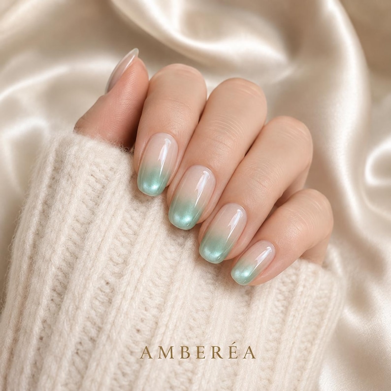 Green Ombre Jelly Press on Nails, Handmade Minimalist Bridal Fake Nails ...