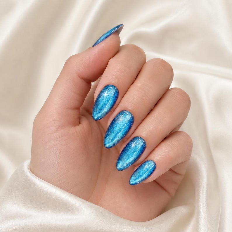 Blue Cat Eye Almond Press on Nails, Glossy Shimmer Manicure Set - Etsy