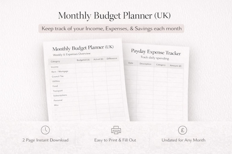 Monthly Budget Planner UK | Printable Income & Expense Tracker - Etsy