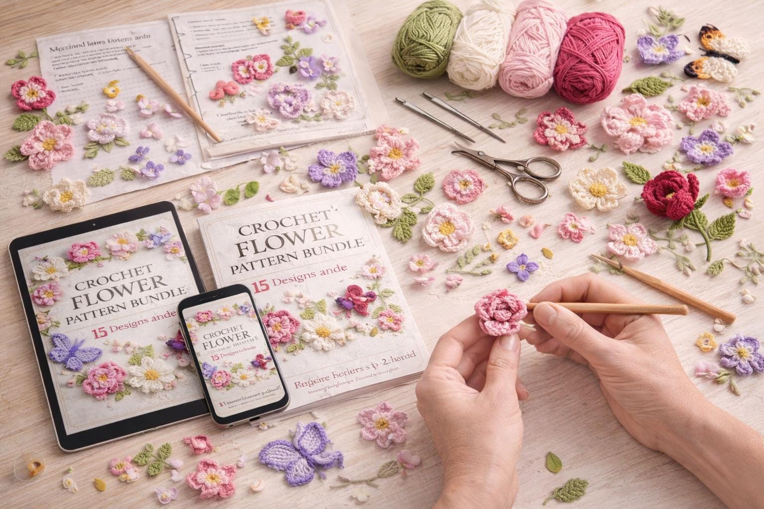 100 Flowers Crochet Flower Pattern Bundle, Scrap Yarn Project, Small ...