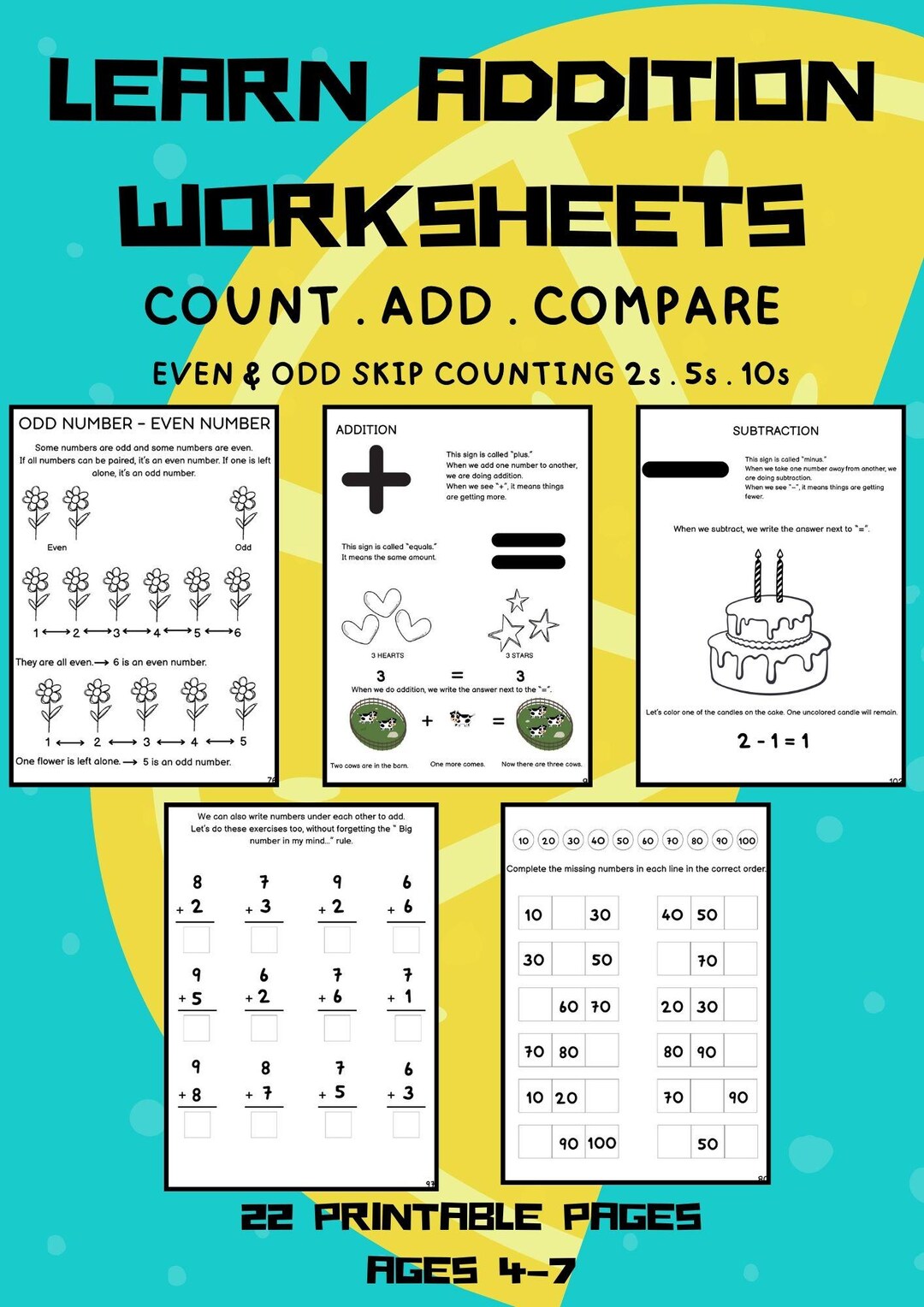 Addition Worksheets for Preschool | Count and Add Activities, Even Odd ...
