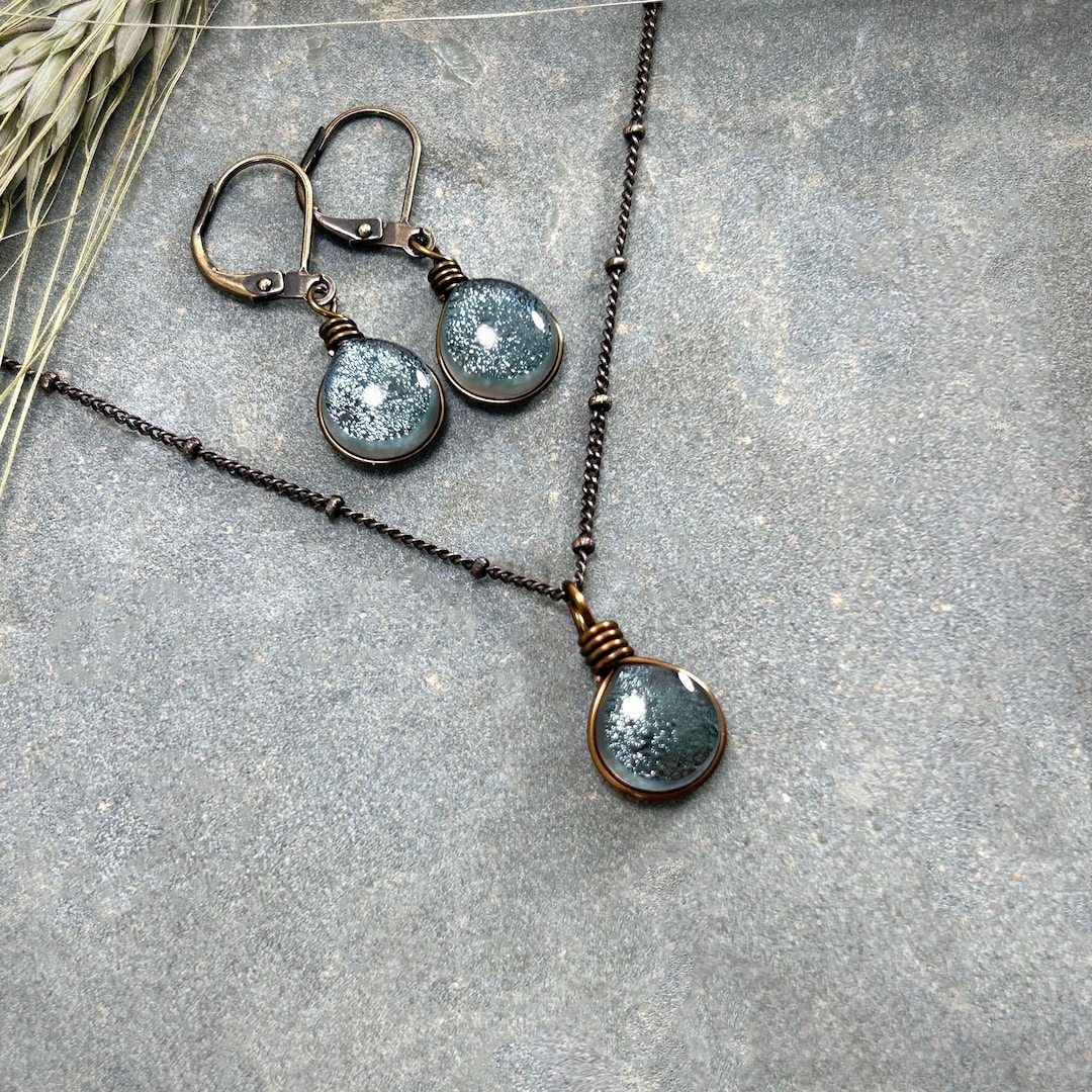 Gray Handmade Art Glass Necklace and Earring Set: Antiqued Brass ...