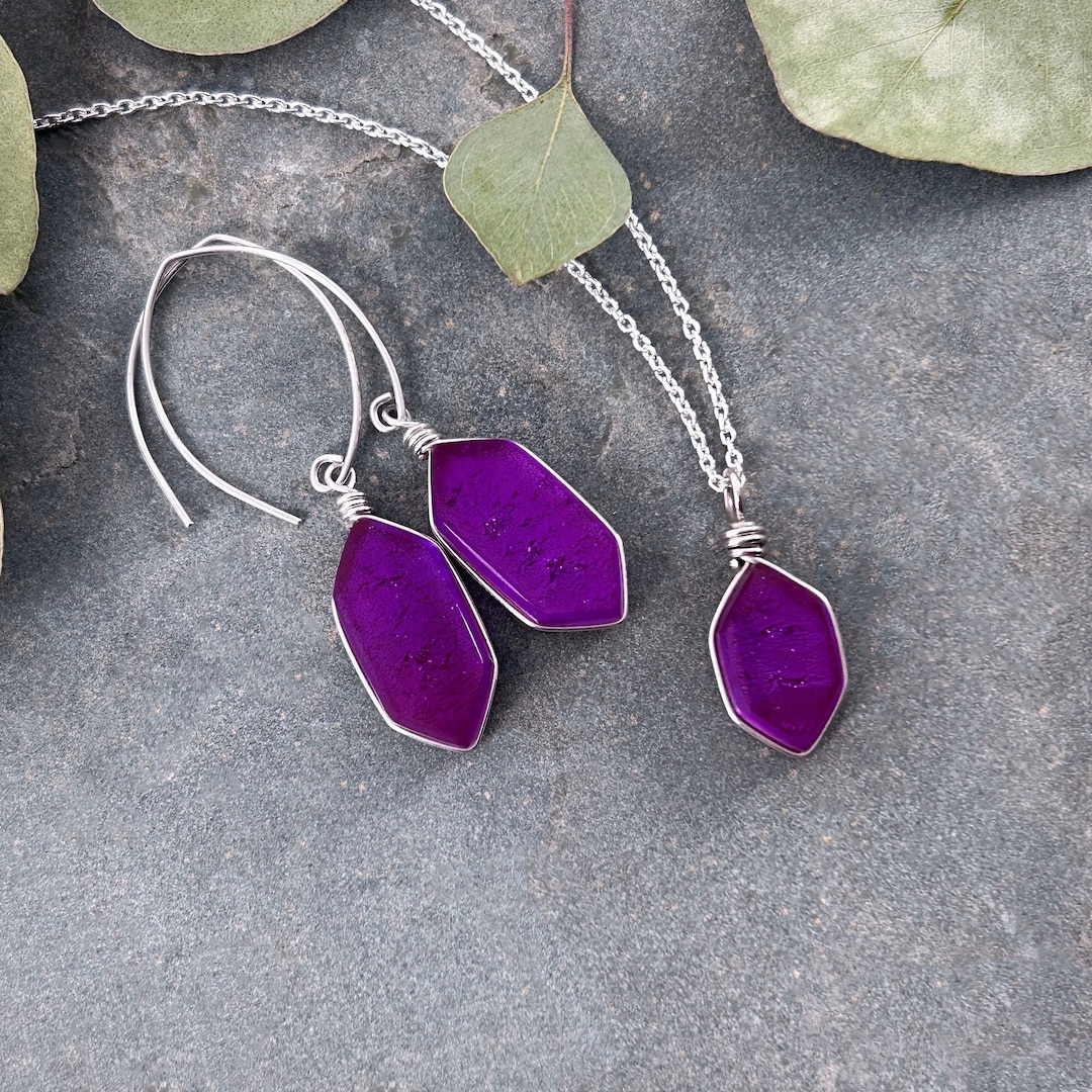 Jewelry Set: Fuchsia Handmade Art Glass, Sterling Silver Earrings ...