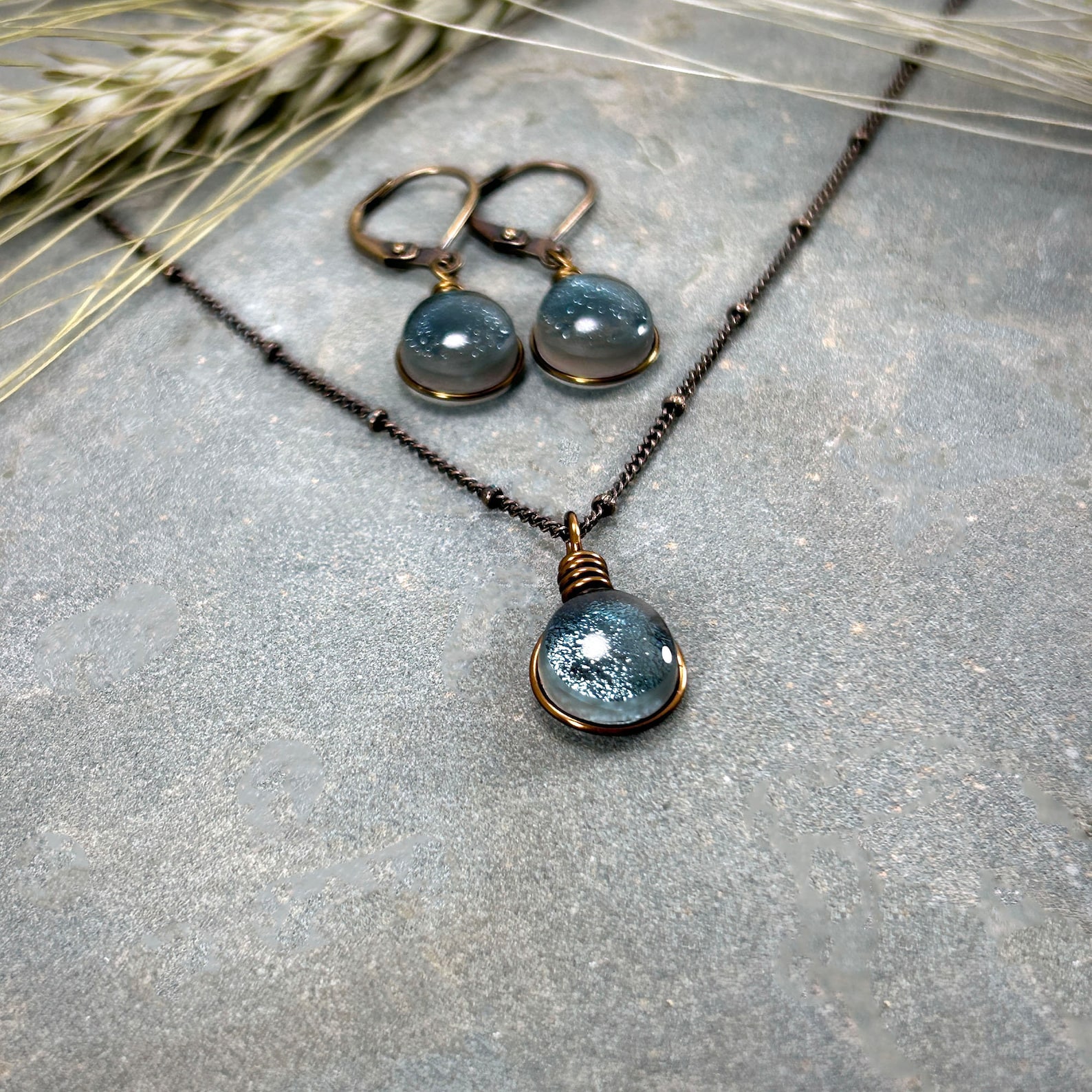 Gray Handmade Art Glass Necklace and Earring Set: Antiqued Brass ...