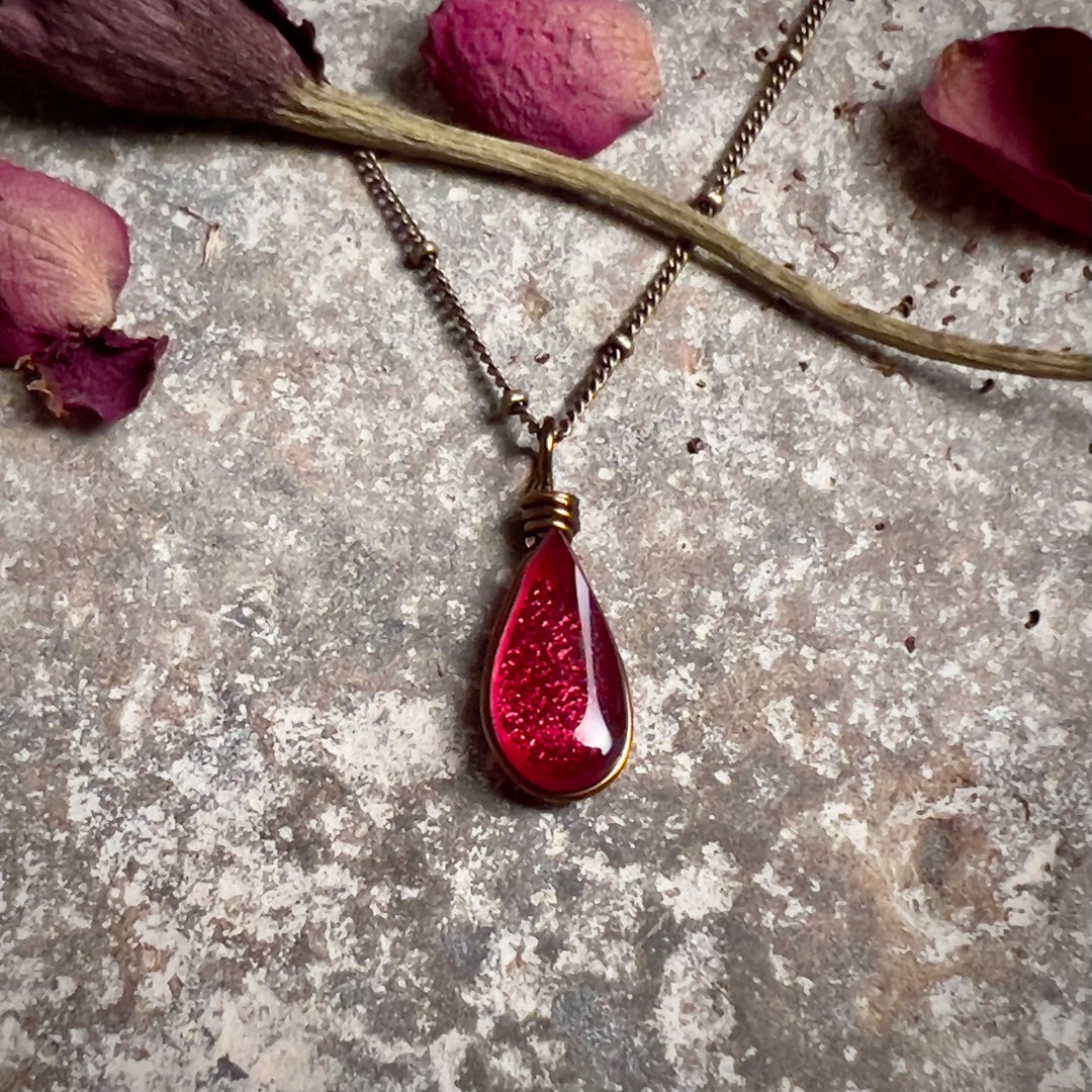 Dark Red Dichroic Glass Blood Drop Necklace: Vampire Themed Antiqued ...