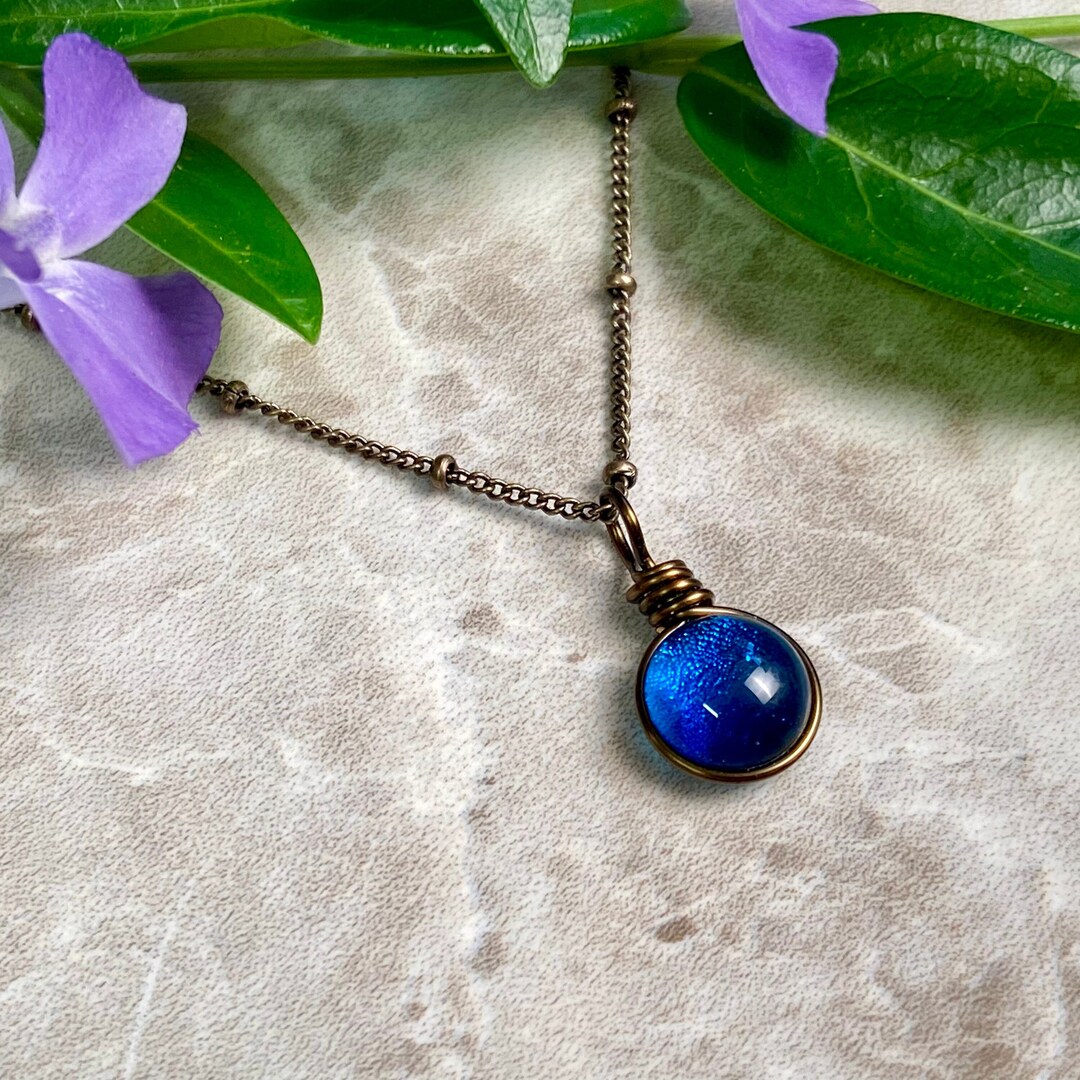 Handmade Sapphire Blue Glass Necklace: Vintage Style Brass Chain ...