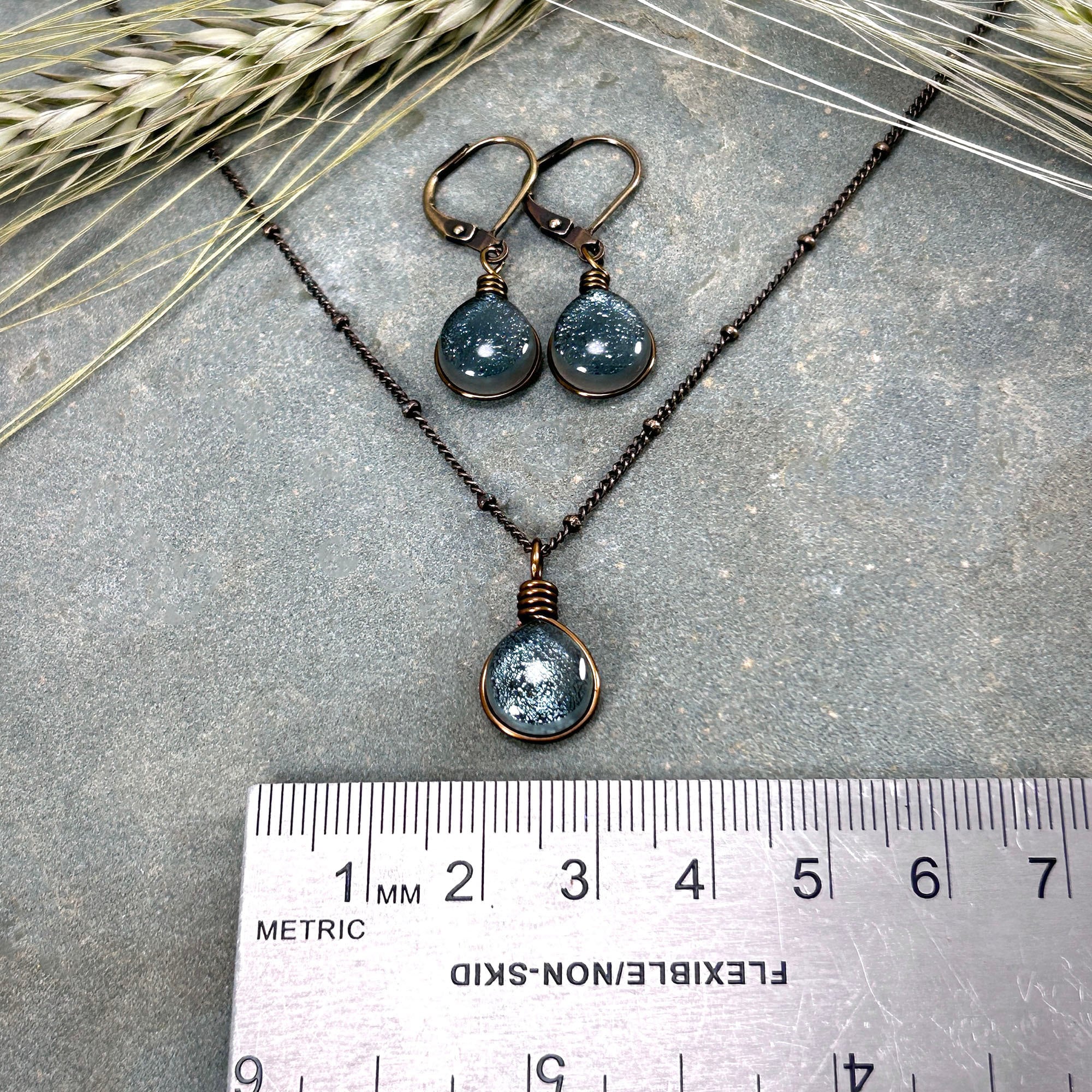 Gray Handmade Art Glass Necklace and Earring Set: Antiqued Brass ...