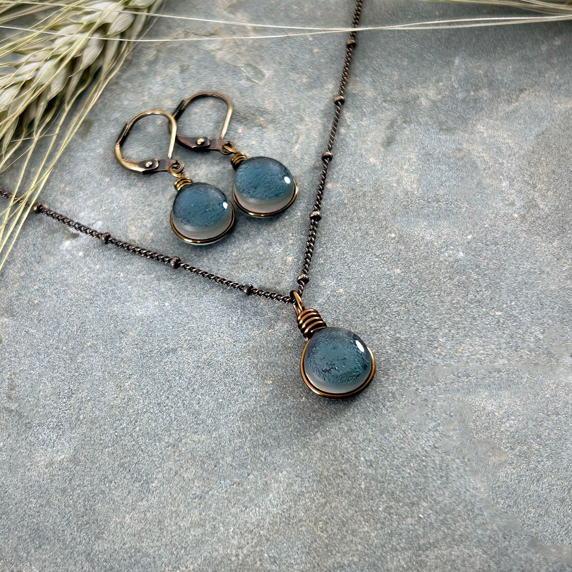 Gray Handmade Art Glass Necklace and Earring Set: Antiqued Brass ...
