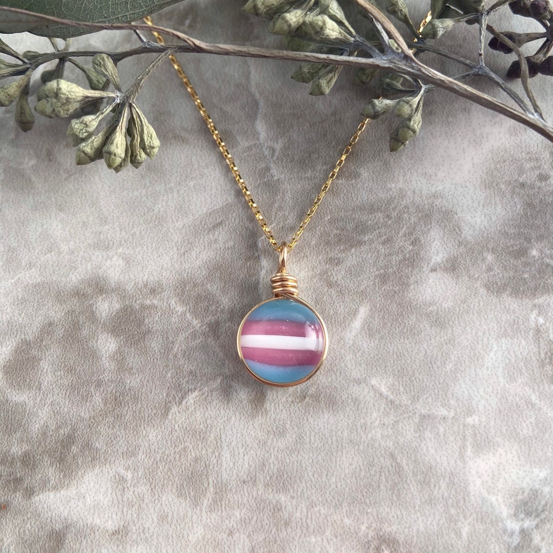 Transgender Pride Flag Necklace: Gold Filled Chain, Handmade Art Glass ...